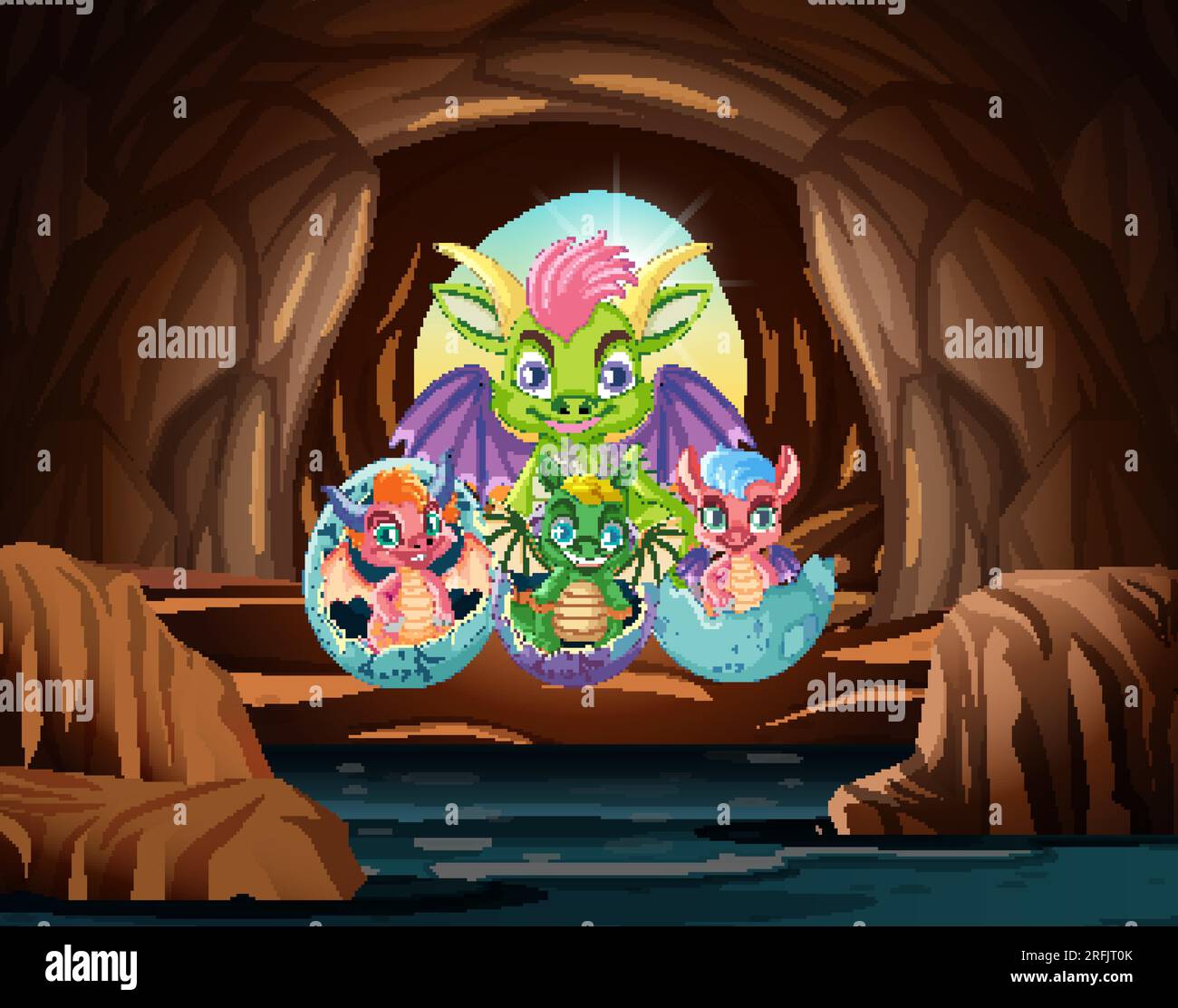 A cartoon illustration of a baby dragon hatching from an egg in a cave ...