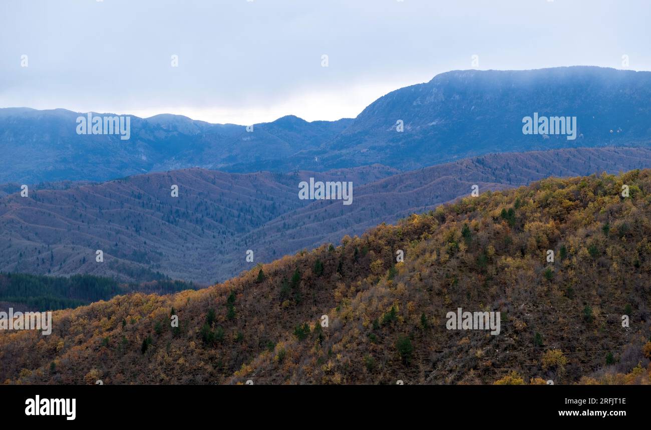 Greece Pindos misty mountain range. Panoramic view of mountain ...
