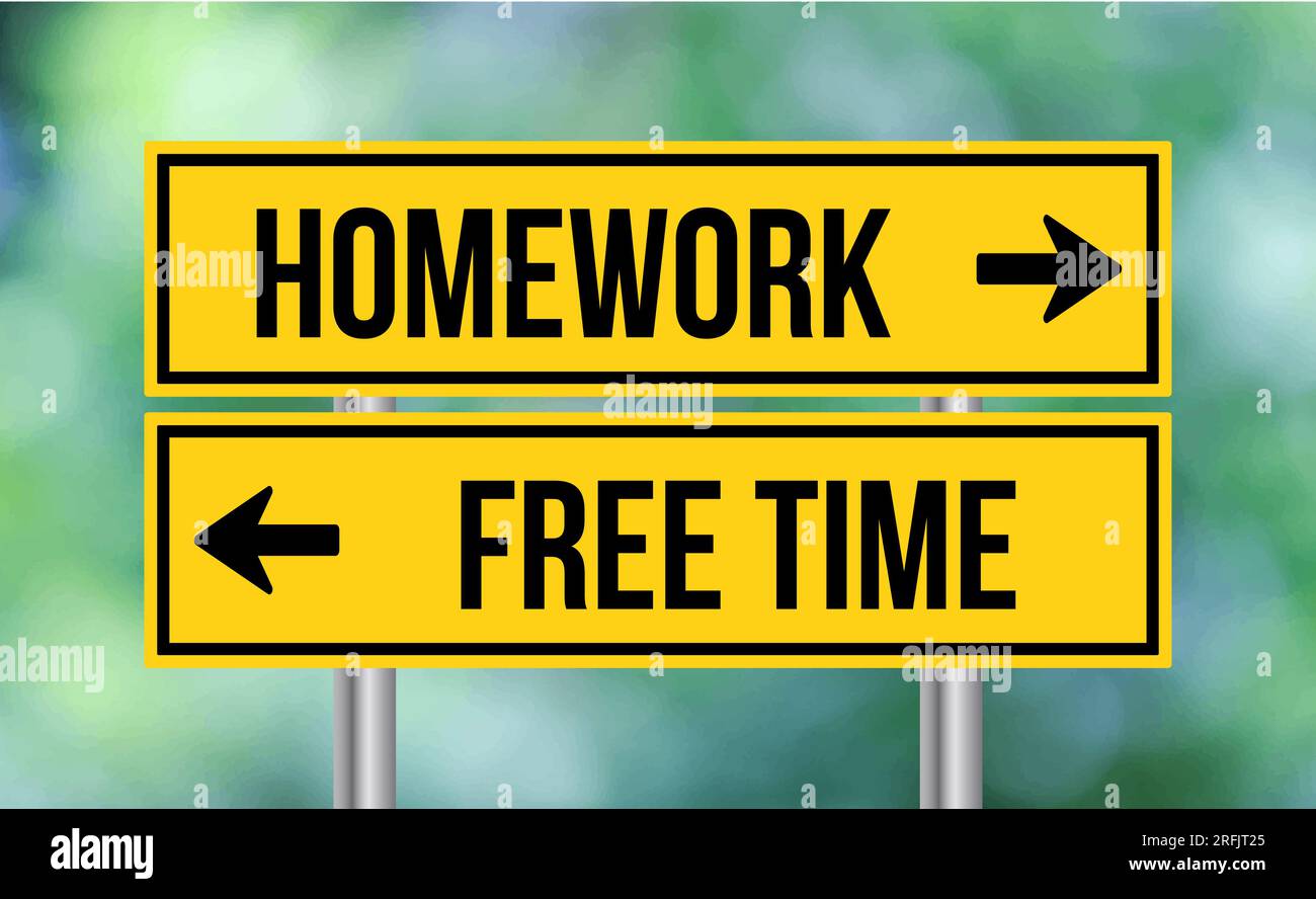 Homework or free time road sign on blur background Stock Photo - Alamy