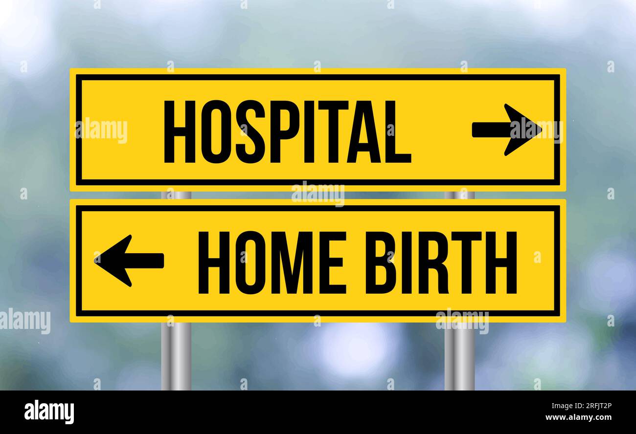 Hospital or home birth road sign on blur background Stock Photo - Alamy