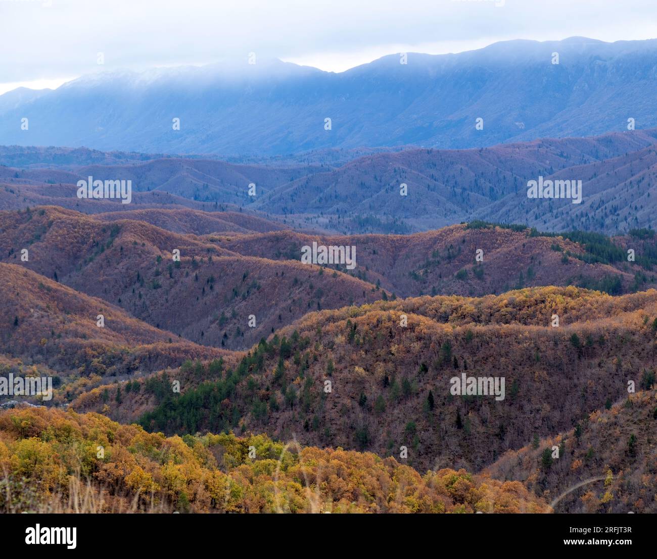 Greece Pindos misty mountain range. Panoramic view of mountain ...