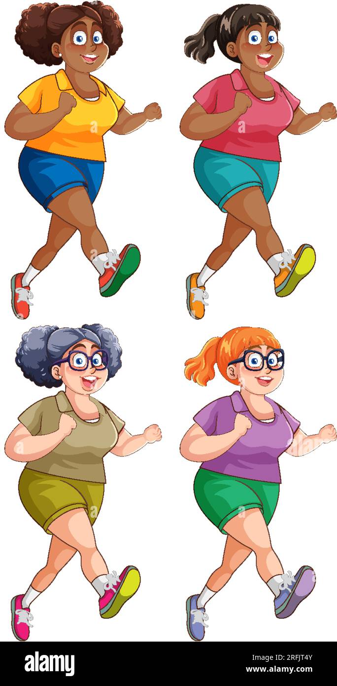 Chubby Women Running Exercise Collection illustration Stock Vector ...