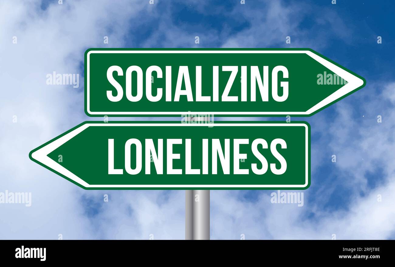 Socializing or loneliness road sign on cloudy sky background Stock ...