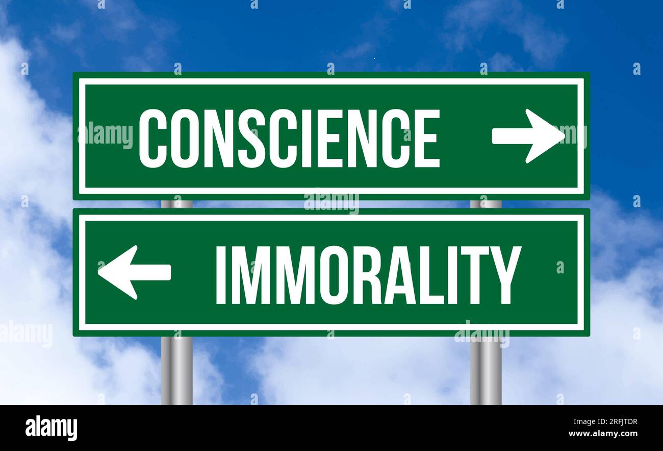 Conscience vs immorality road sign on cloudy sky background Stock Photo ...