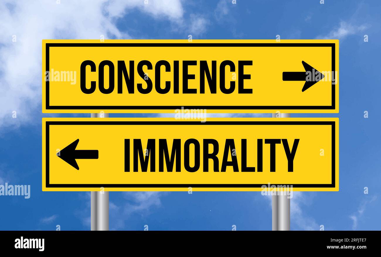 Conscience vs immorality road sign on cloudy sky background Stock Photo ...