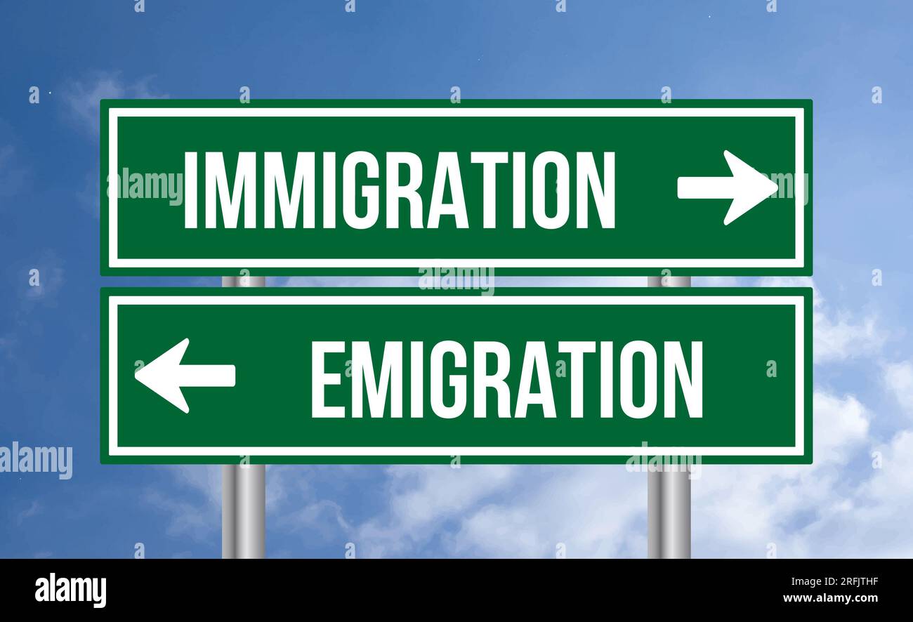 Immigration or emigration road sign on blue sky background Stock Photo ...