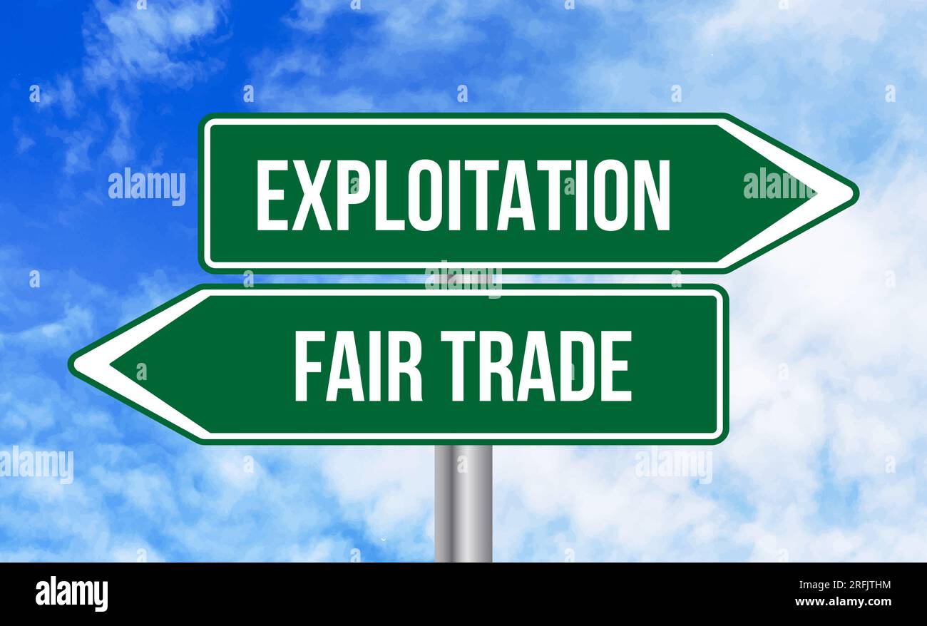 Exploitation or fair trade road sign on blue sky background Stock Photo ...