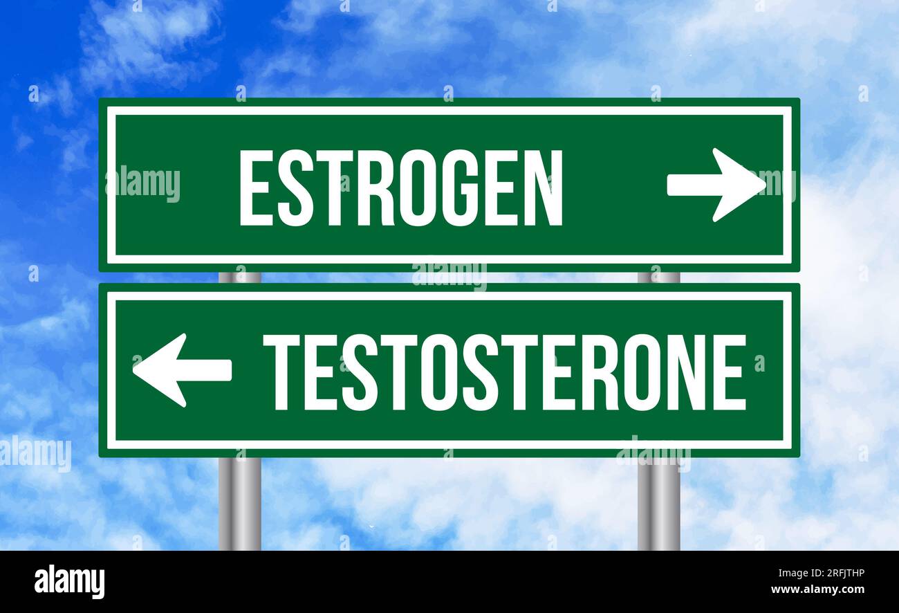 Estrogen or testosterone road sign on cloudy sky background Stock Photo ...