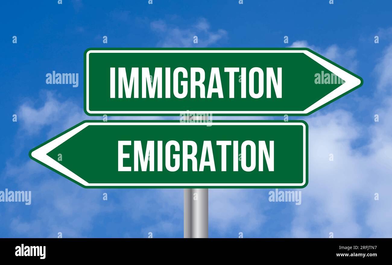 Immigration or emigration road sign on blue sky background Stock Photo ...