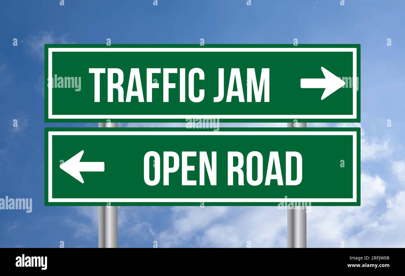 Traffic jam or open road road sign on cloudy sky background Stock Photo ...