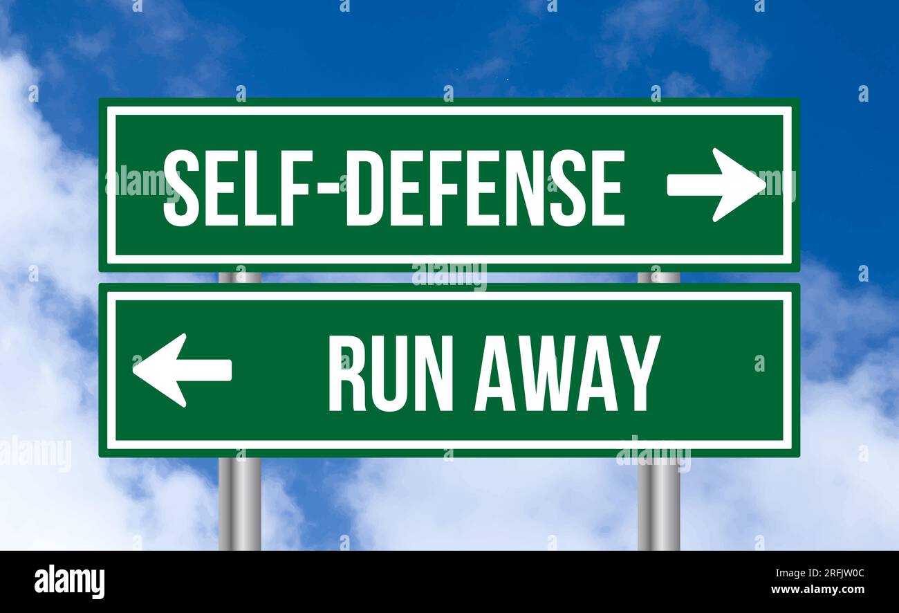 Self defense or run away road sign on cloudy sky background Stock Photo ...