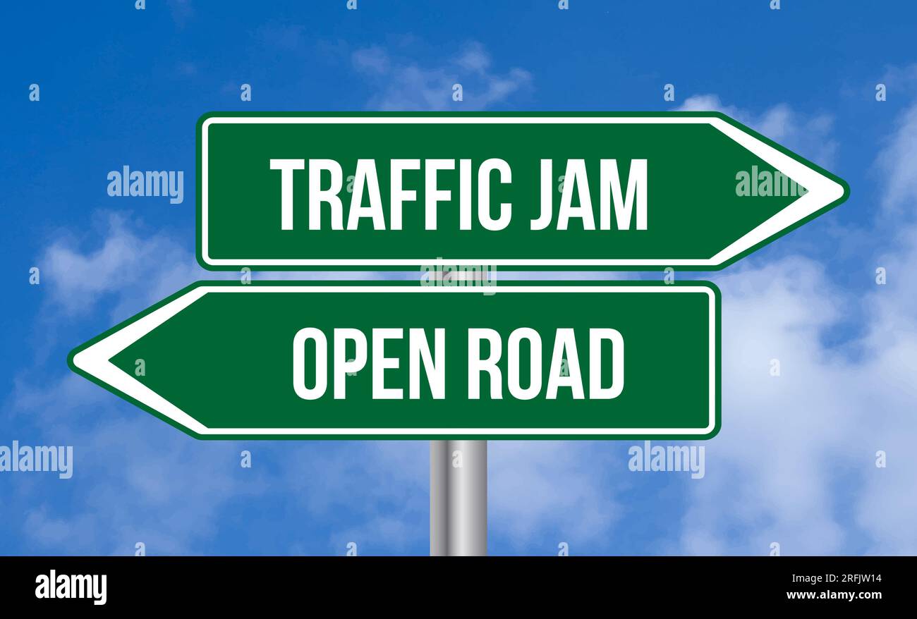 Traffic jam or open road road sign on cloudy sky background Stock Photo ...