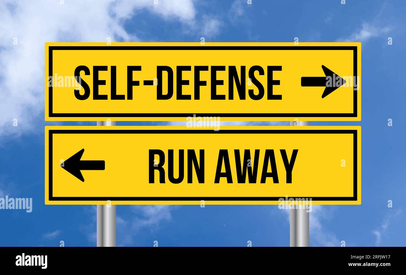 Self defense or run away road sign on cloudy sky background Stock Photo ...