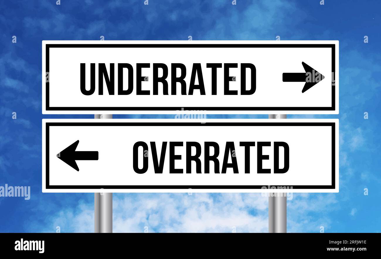 Underrated or overrated road sign on blue sky background Stock Photo ...