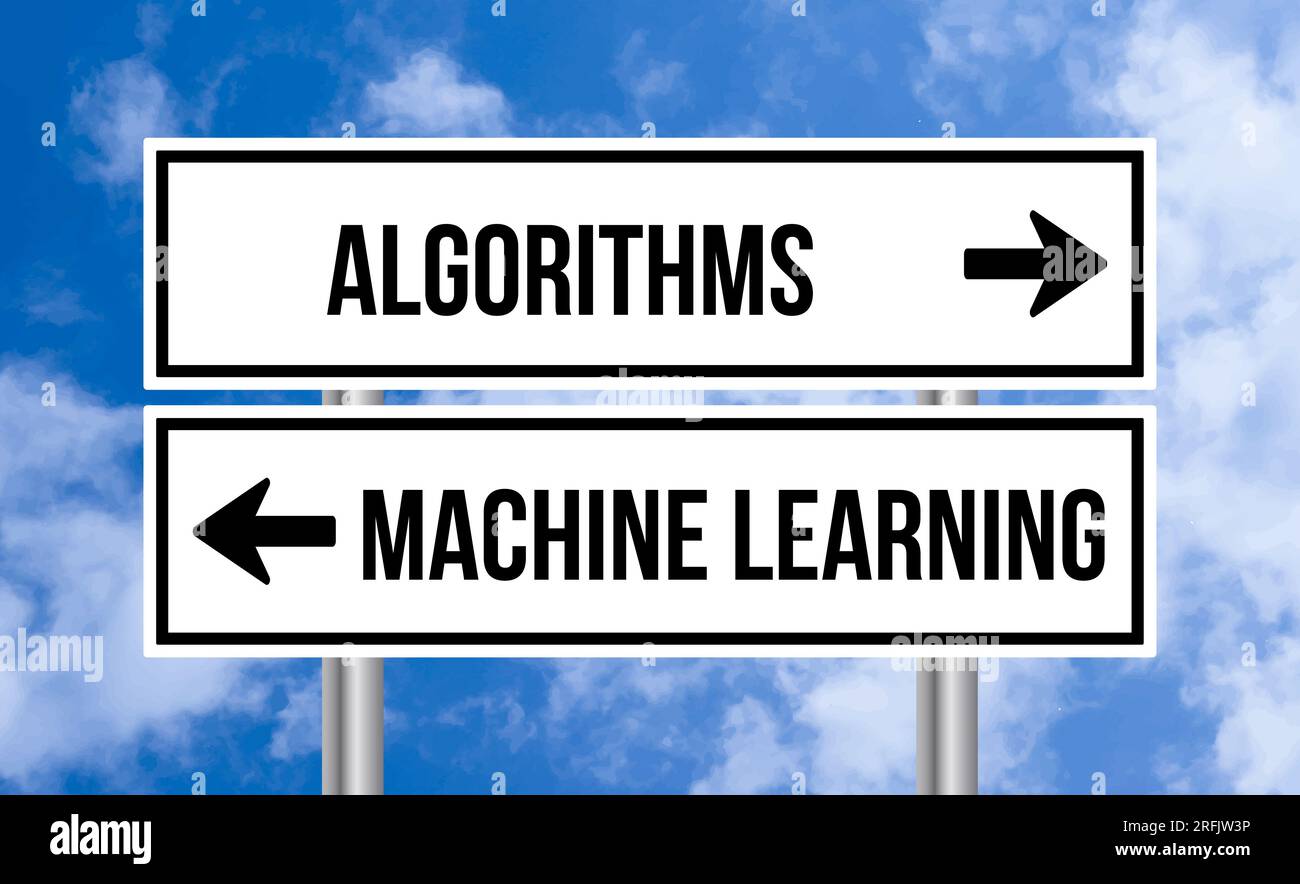 Algorithms or machine learning road sign on cloudy sky background Stock ...
