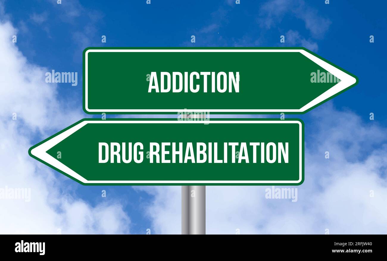 Addiction or drug rehabilitation road sign on blue sky background Stock ...