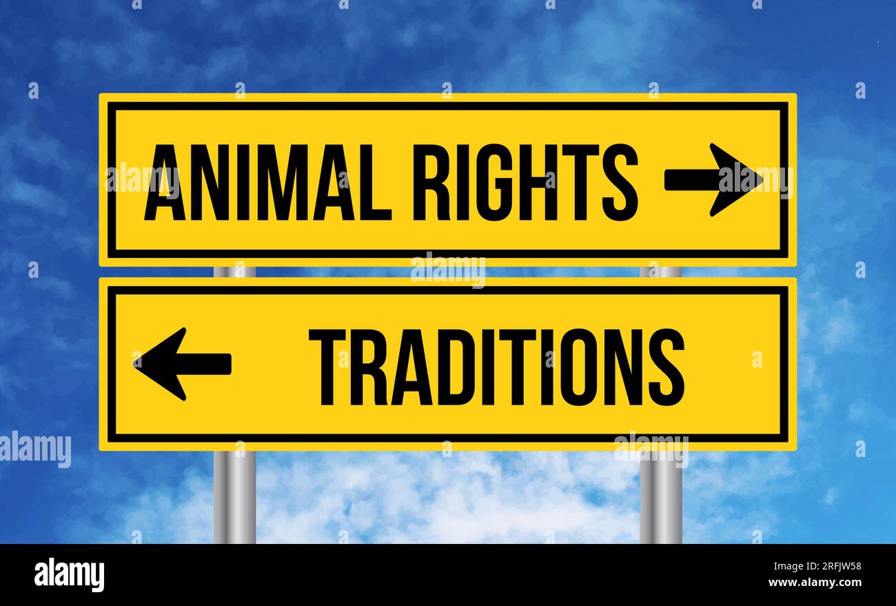 Animal rights or traditions road sign on blue sky background Stock ...