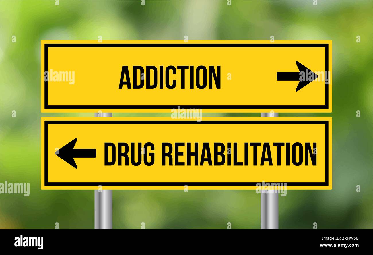 Addiction or drug rehabilitation road sign on blur background Stock ...