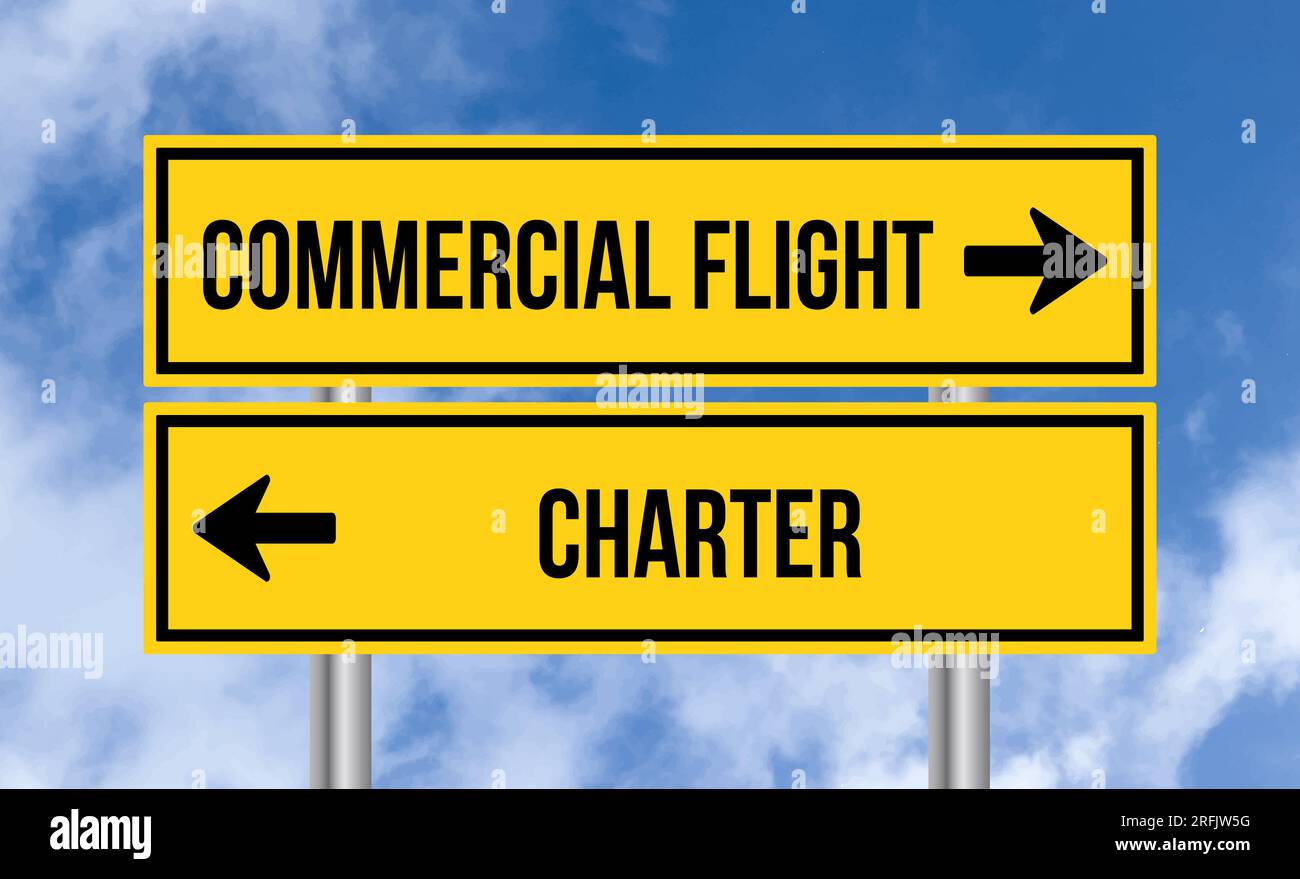 Commercial flight or charter road sign on cloudy sky background Stock ...