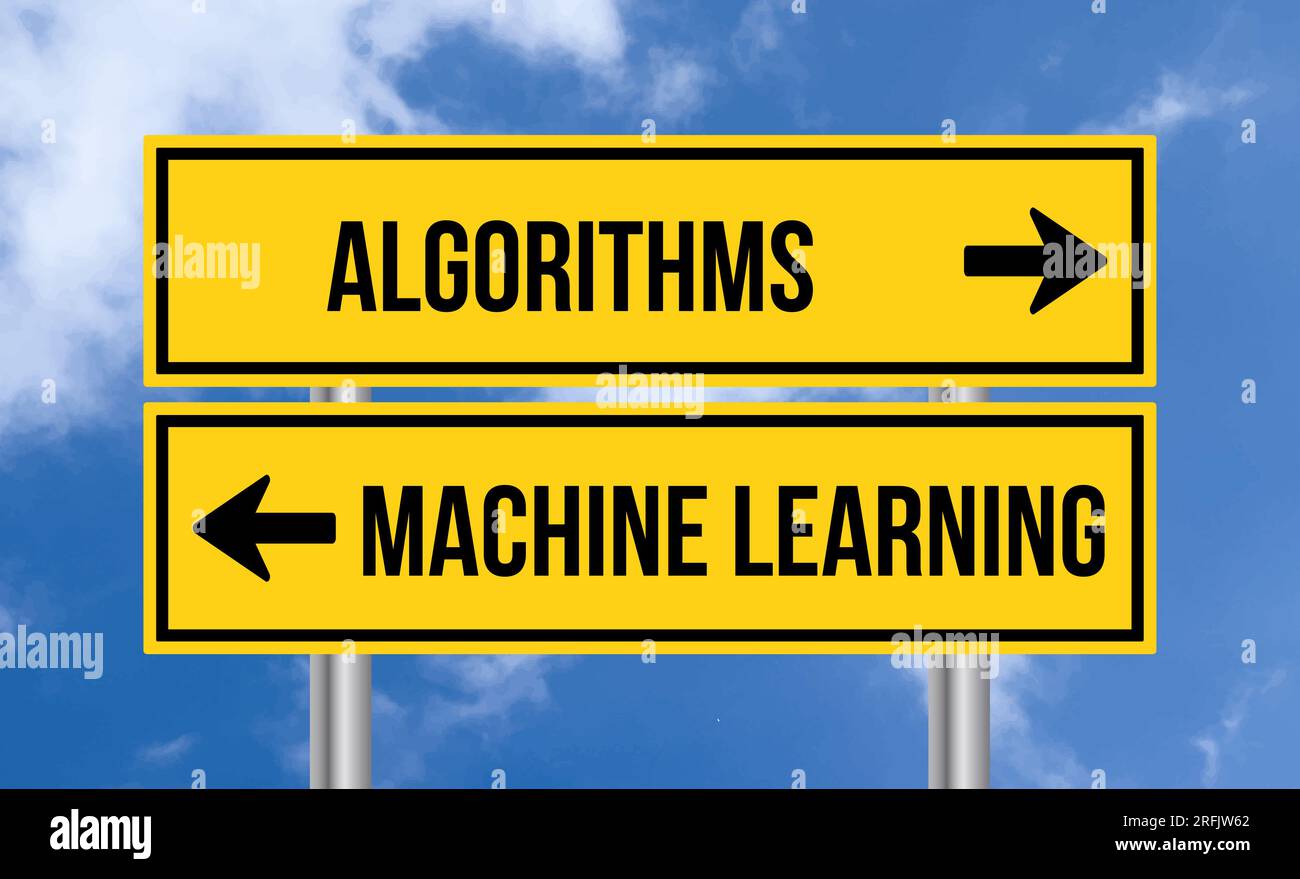 Algorithms or machine learning road sign on cloudy sky background Stock ...