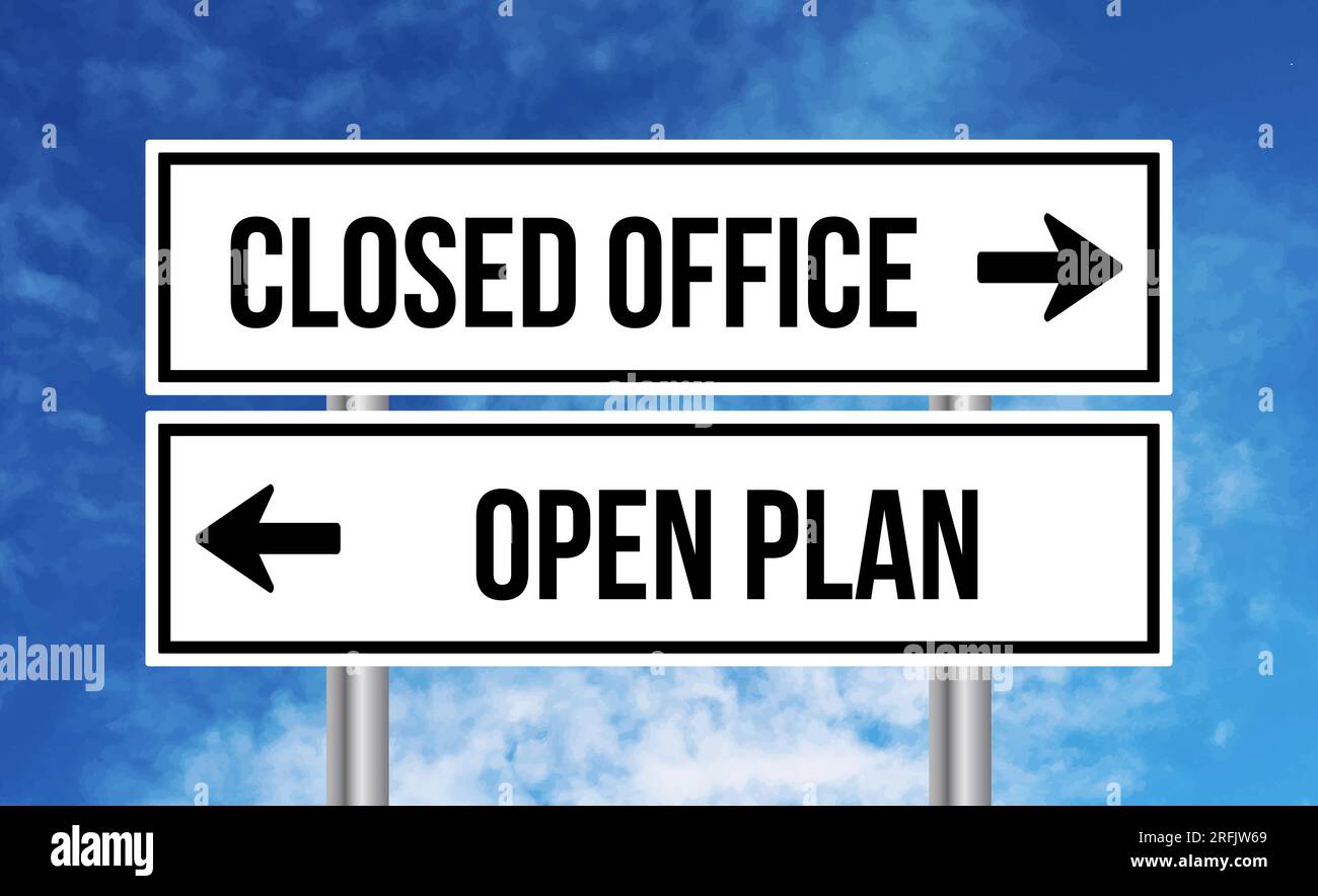 Closed office or open plan road sign on cloudy sky background Stock ...