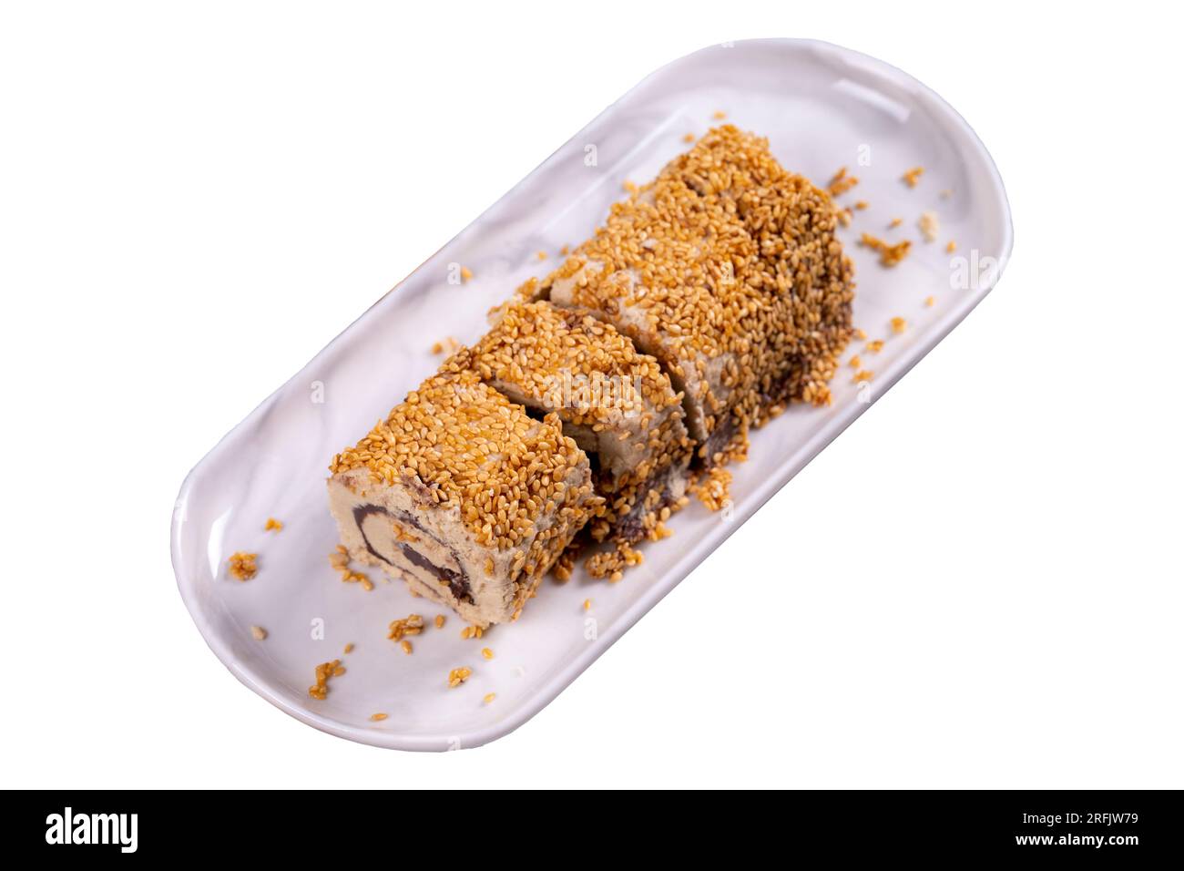 Palace halva. Traditional Turkish cuisine delicacies. Chocolate halva dessert isolated on white ...