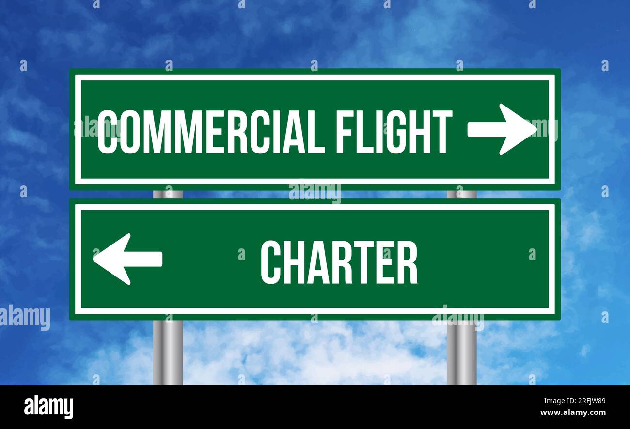Commercial flight or charter road sign on cloudy sky background Stock ...
