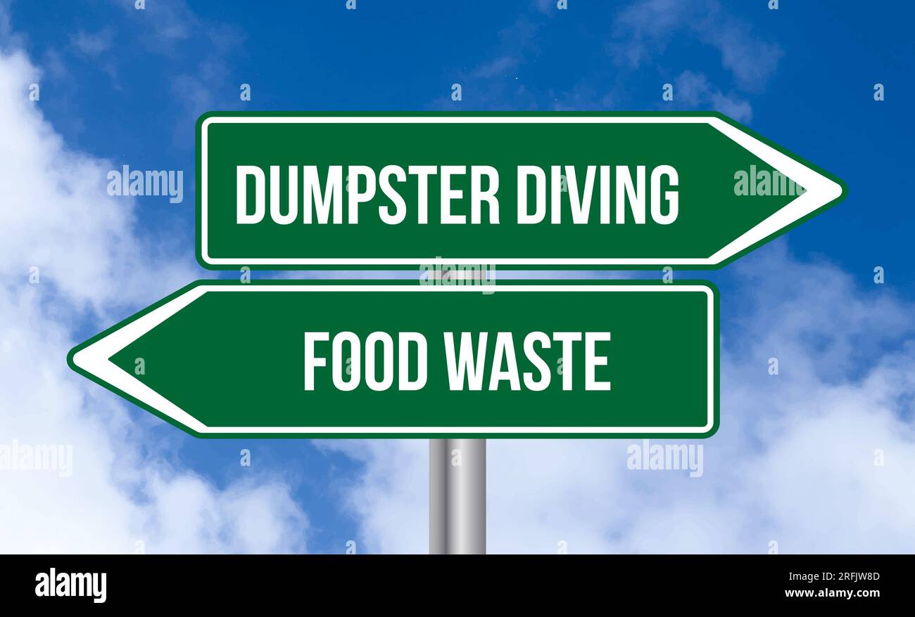 Dumpster diving or food waste road sign on cloudy sky background Stock ...