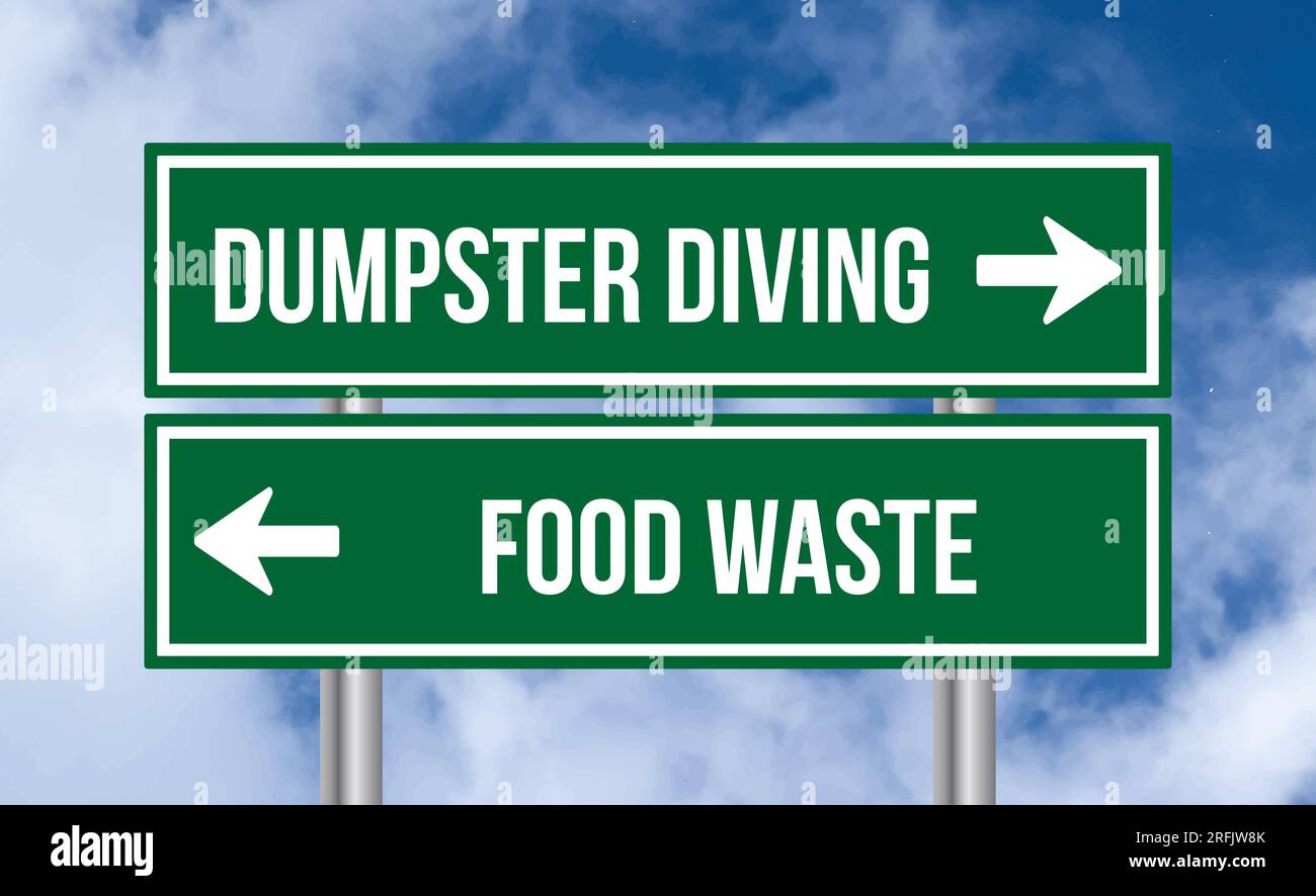 Dumpster diving or food waste road sign on cloudy sky background Stock ...