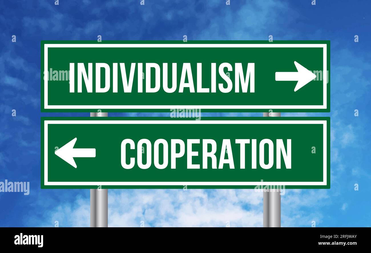 Individualism or cooperation road sign on sky background Stock Photo ...