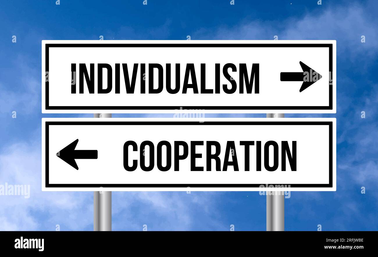Individualism or cooperation road sign on sky background Stock Photo ...