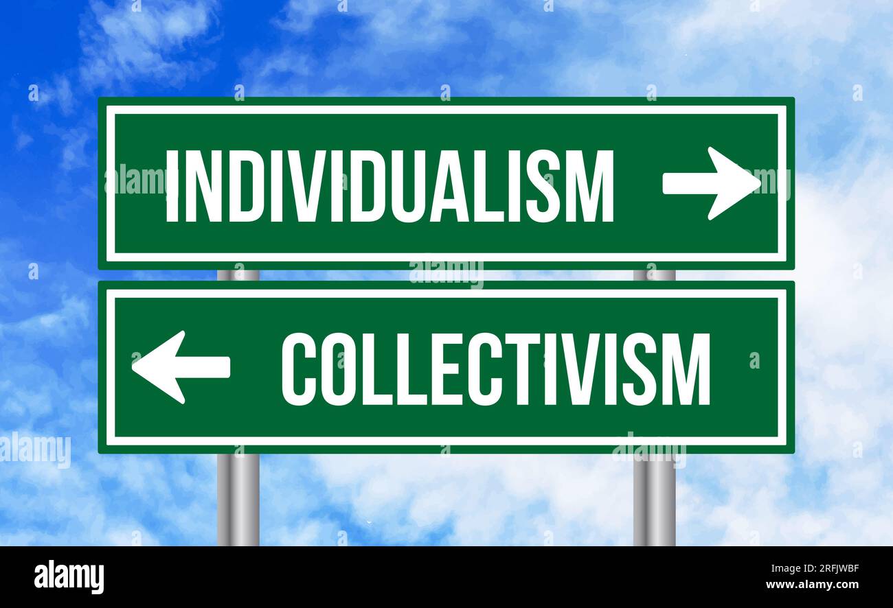 Individualism or collectivism road sign on cloudy sky background Stock ...
