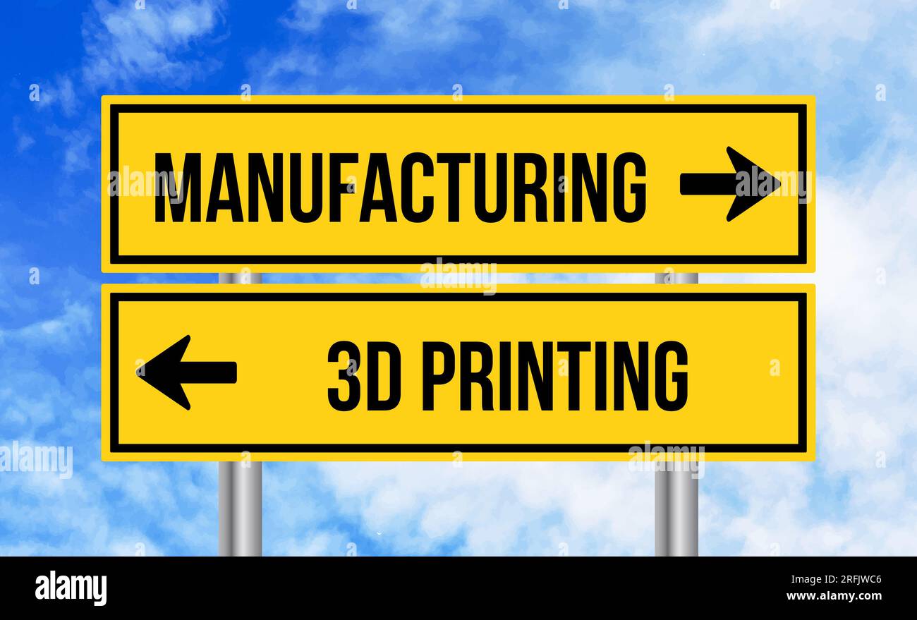 Manufacturing or 3d printing road sign on blue sky background Stock ...