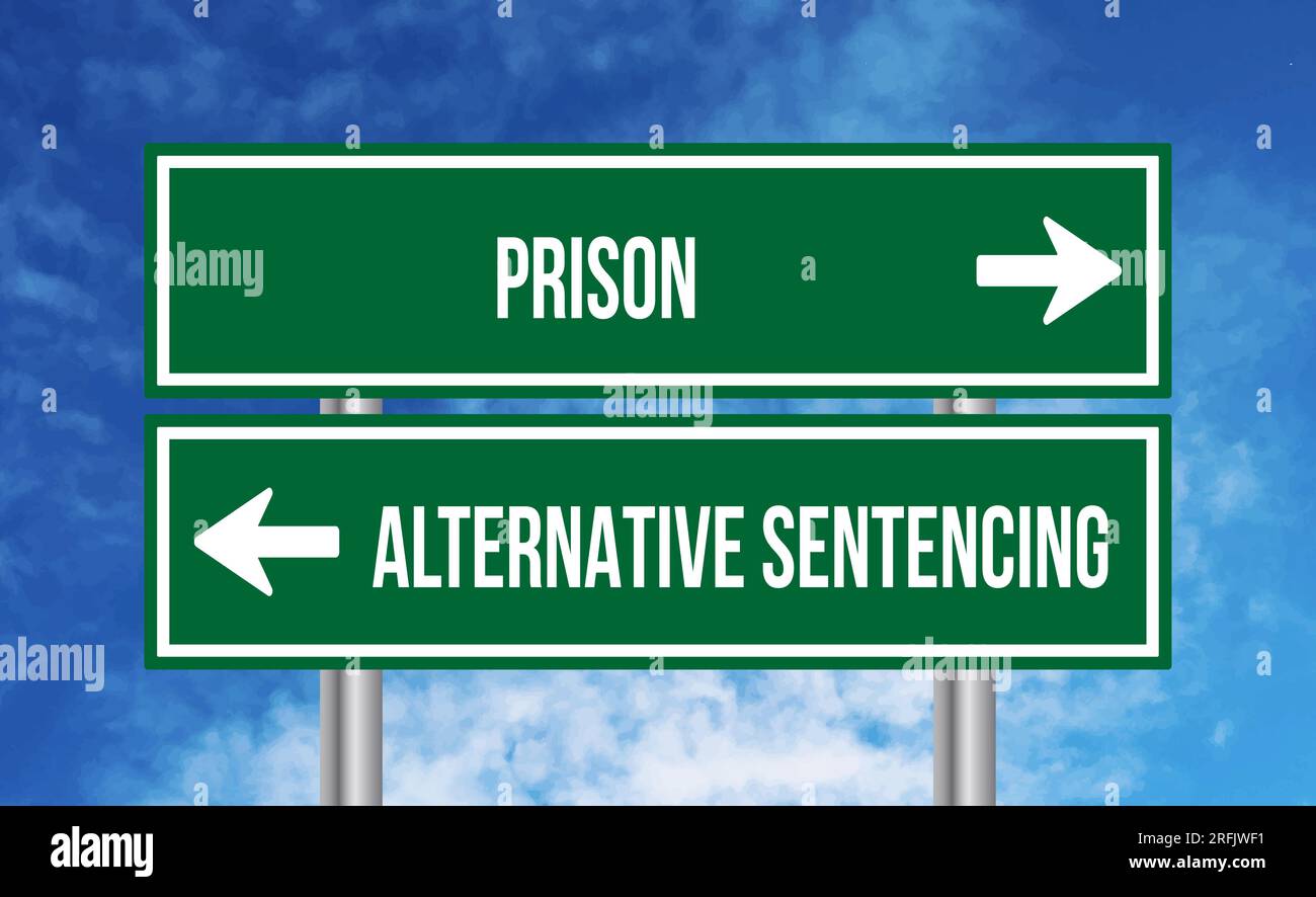 Prison or alternative sentencing road sign on cloudy sky background ...