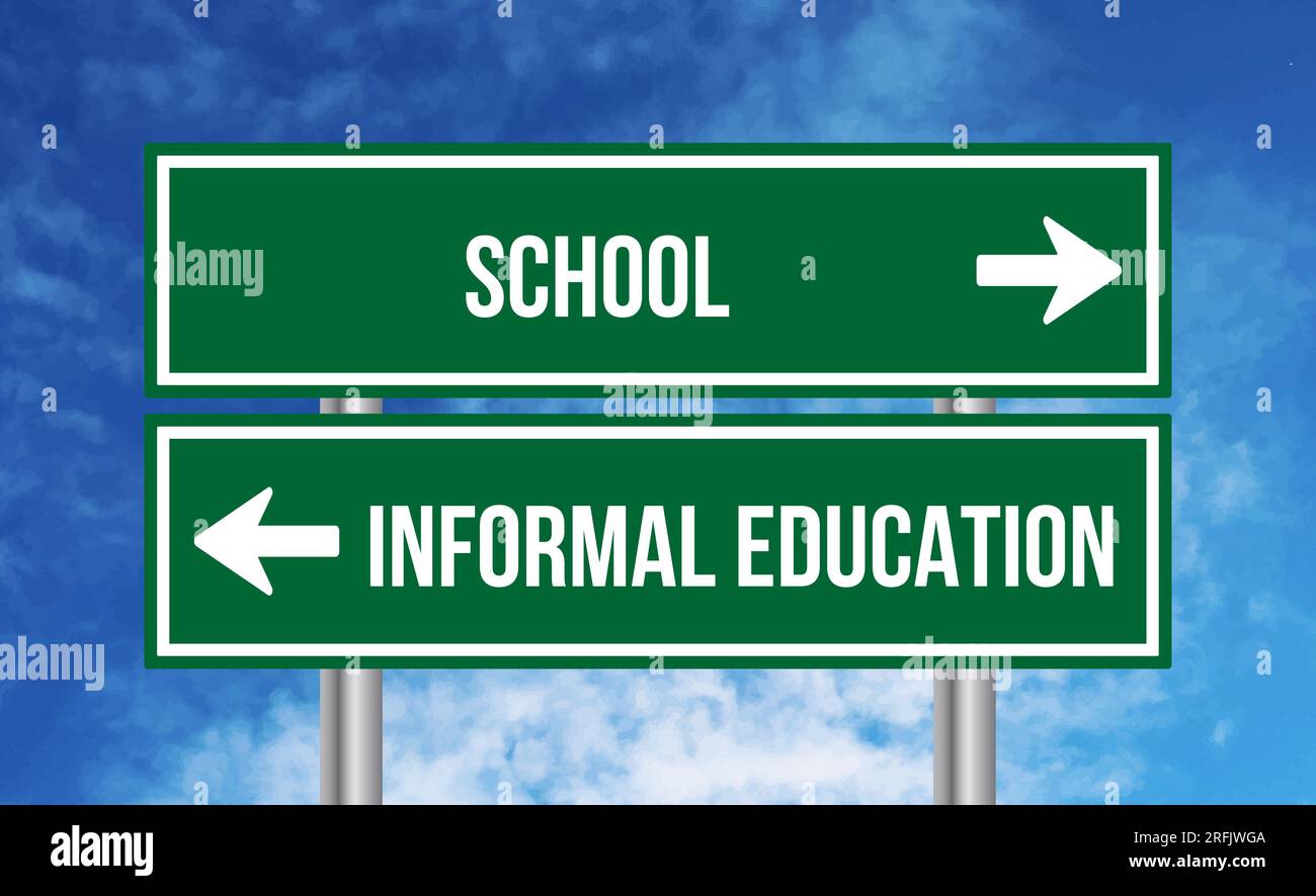 School or informal education road sign on blue sky background Stock ...