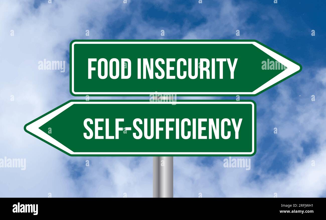Food insecurity or self sufficiency road sign on cloudy sky background ...