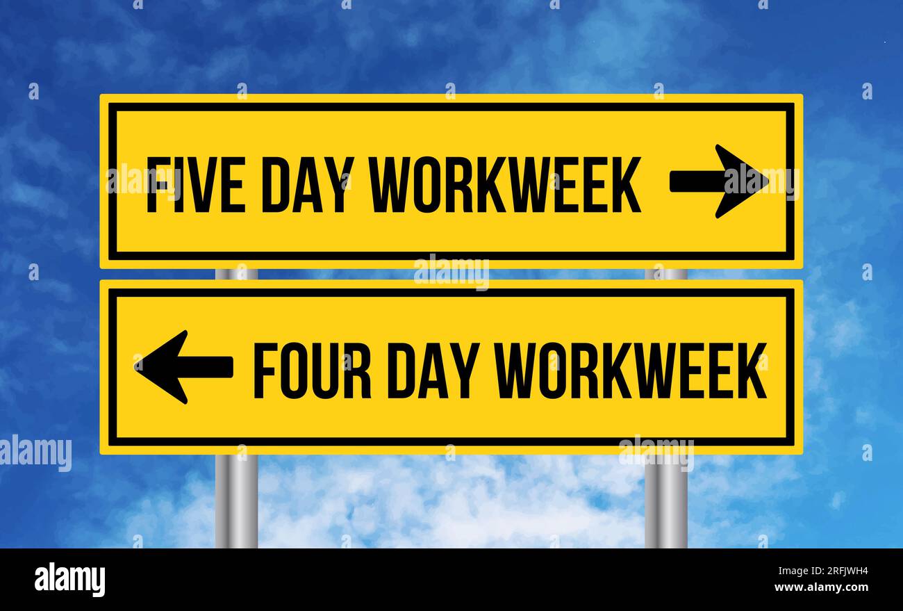 Five day workweek or four day workweek road sign on blue sky background Stock Photo - Alamy