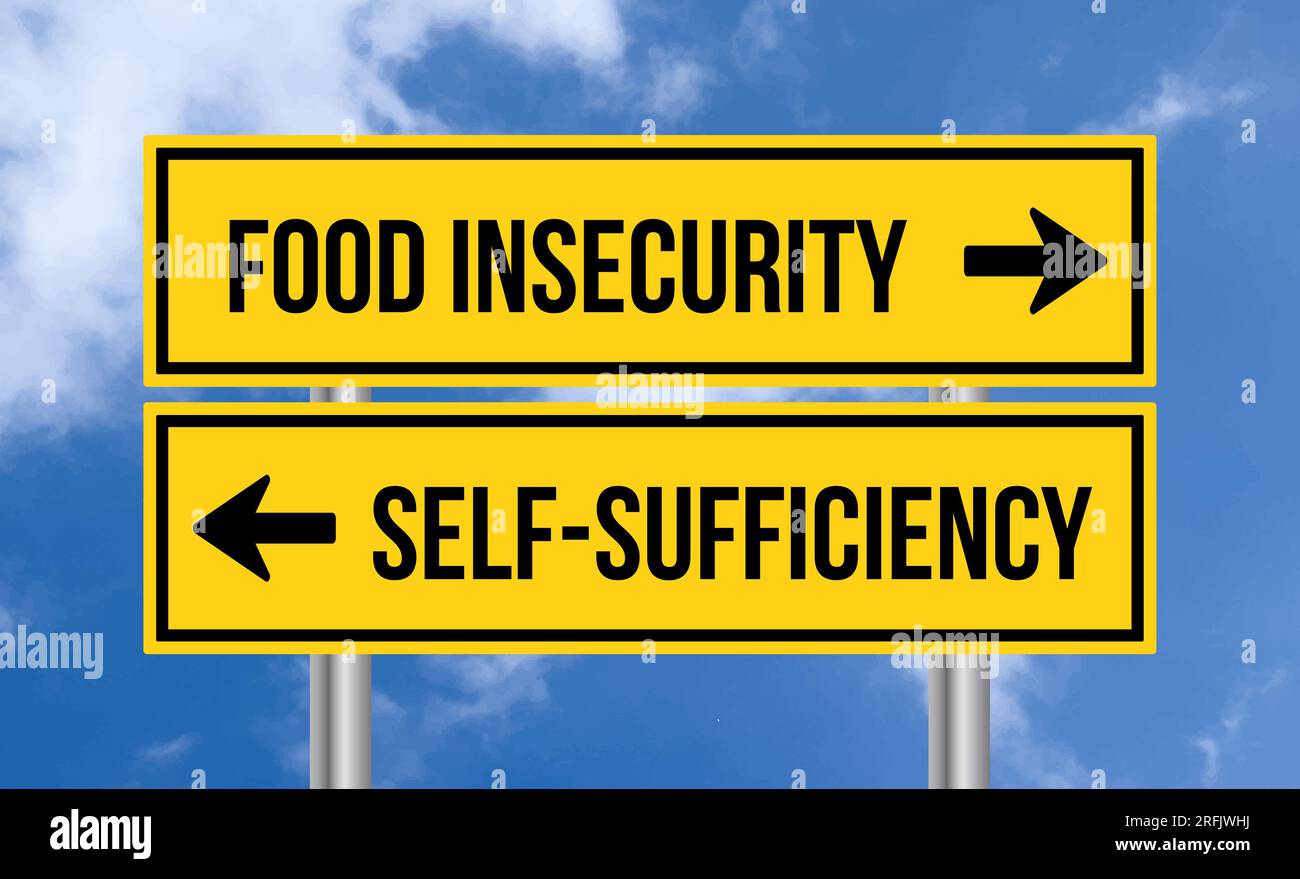 Food insecurity or self sufficiency road sign on cloudy sky background ...