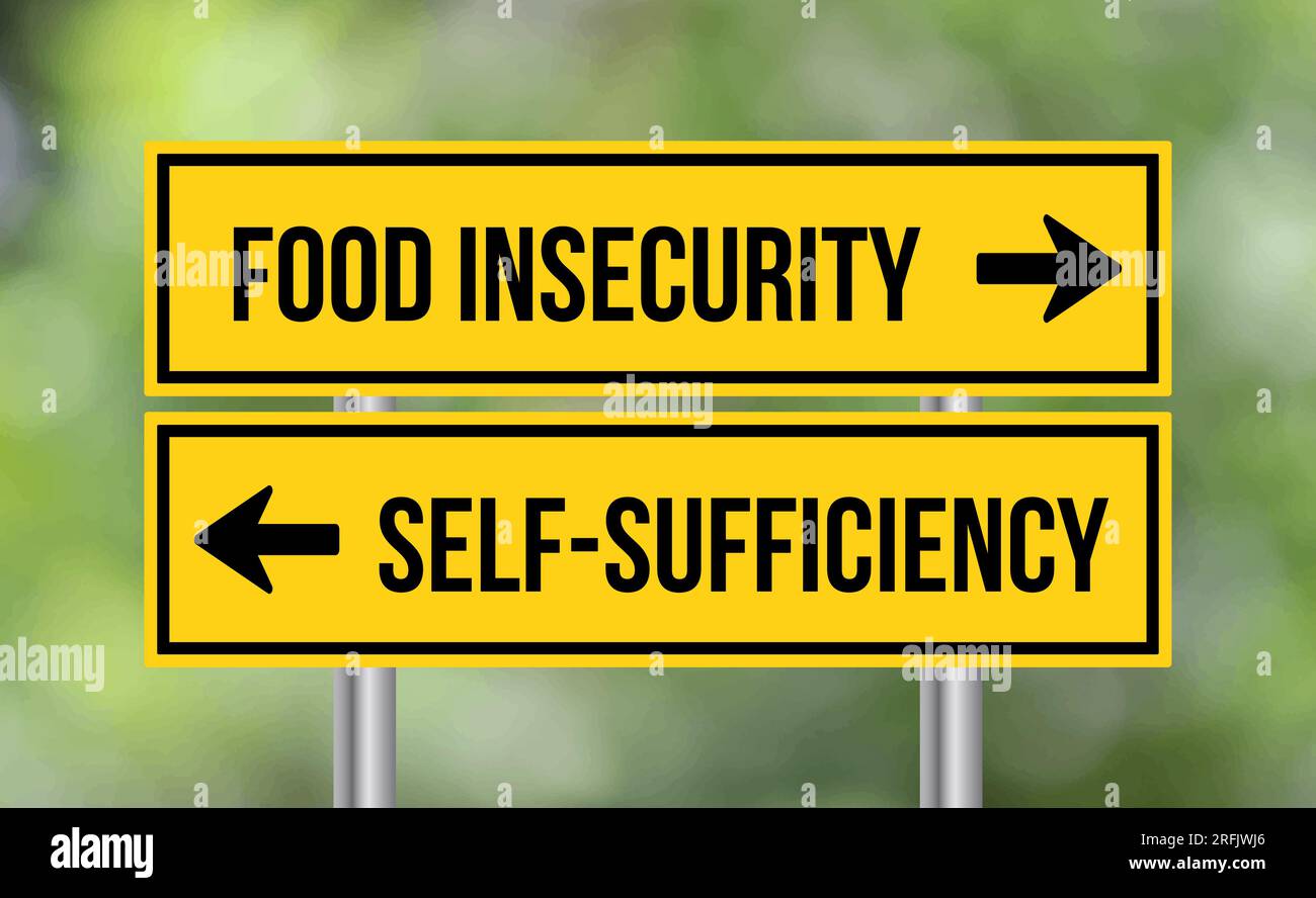 Food insecurity or self sufficiency road sign on blur background Stock ...
