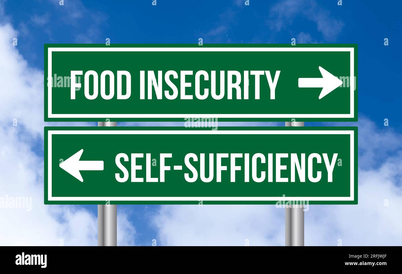 Food insecurity or self sufficiency road sign on cloudy sky background ...