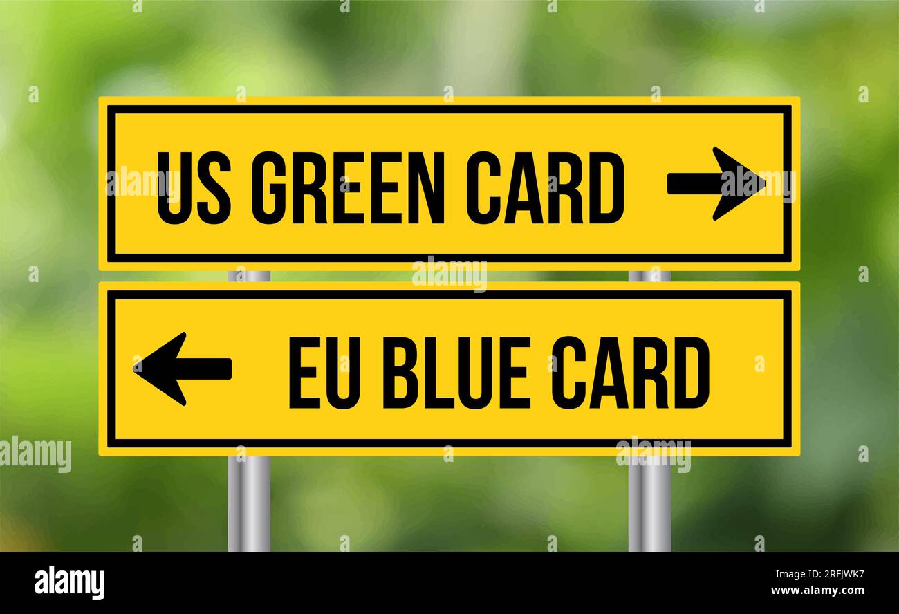 Us green card or eu blue card road sign on blur background Stock Photo ...