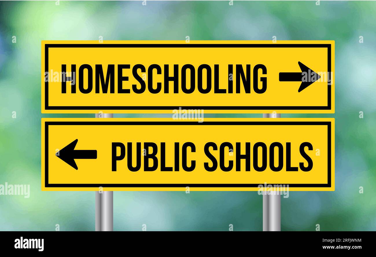 Homeschooling or public schools road sign on blur background Stock ...