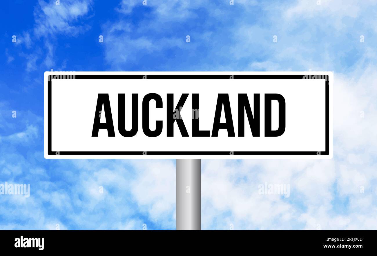 Auckland road sign on sky background Stock Photo - Alamy