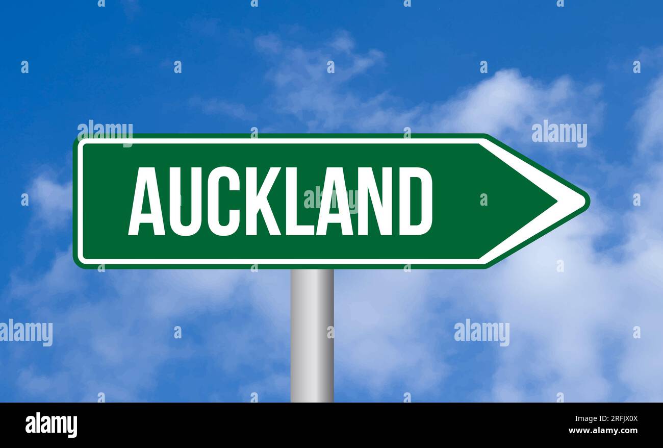 Auckland road sign on sky background Stock Photo - Alamy
