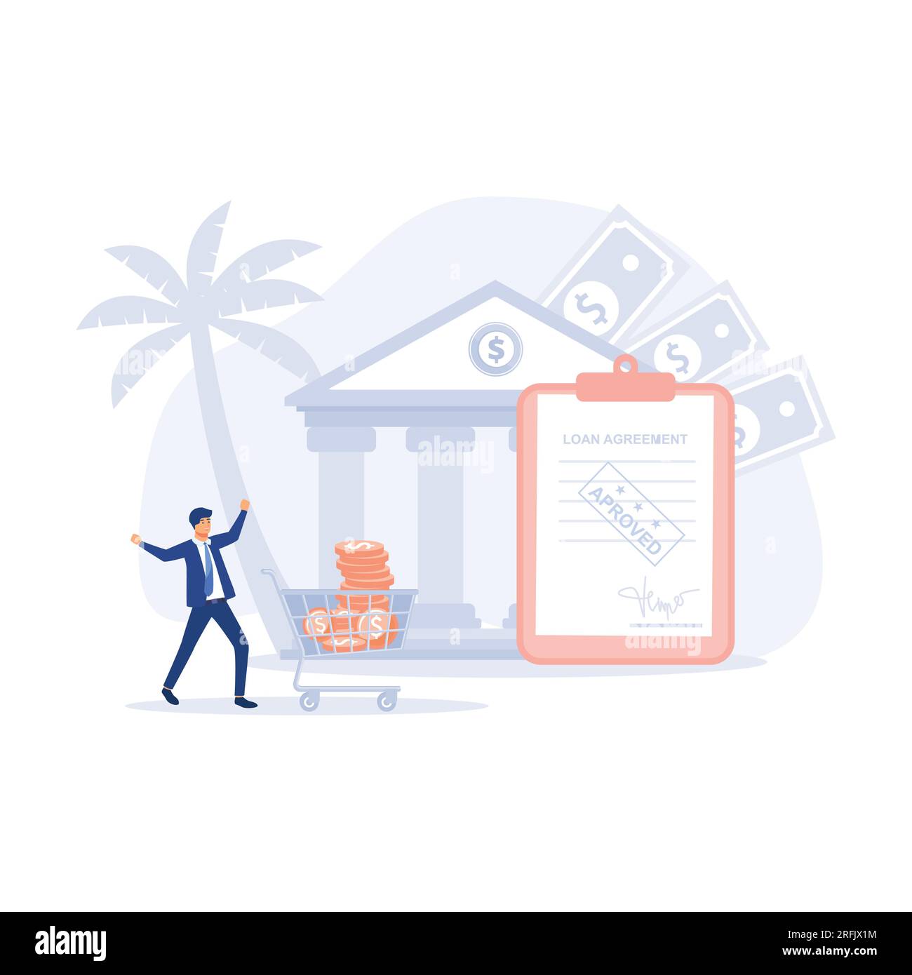 Businessman rolls a cart with money from the bank. flat modern vector ...