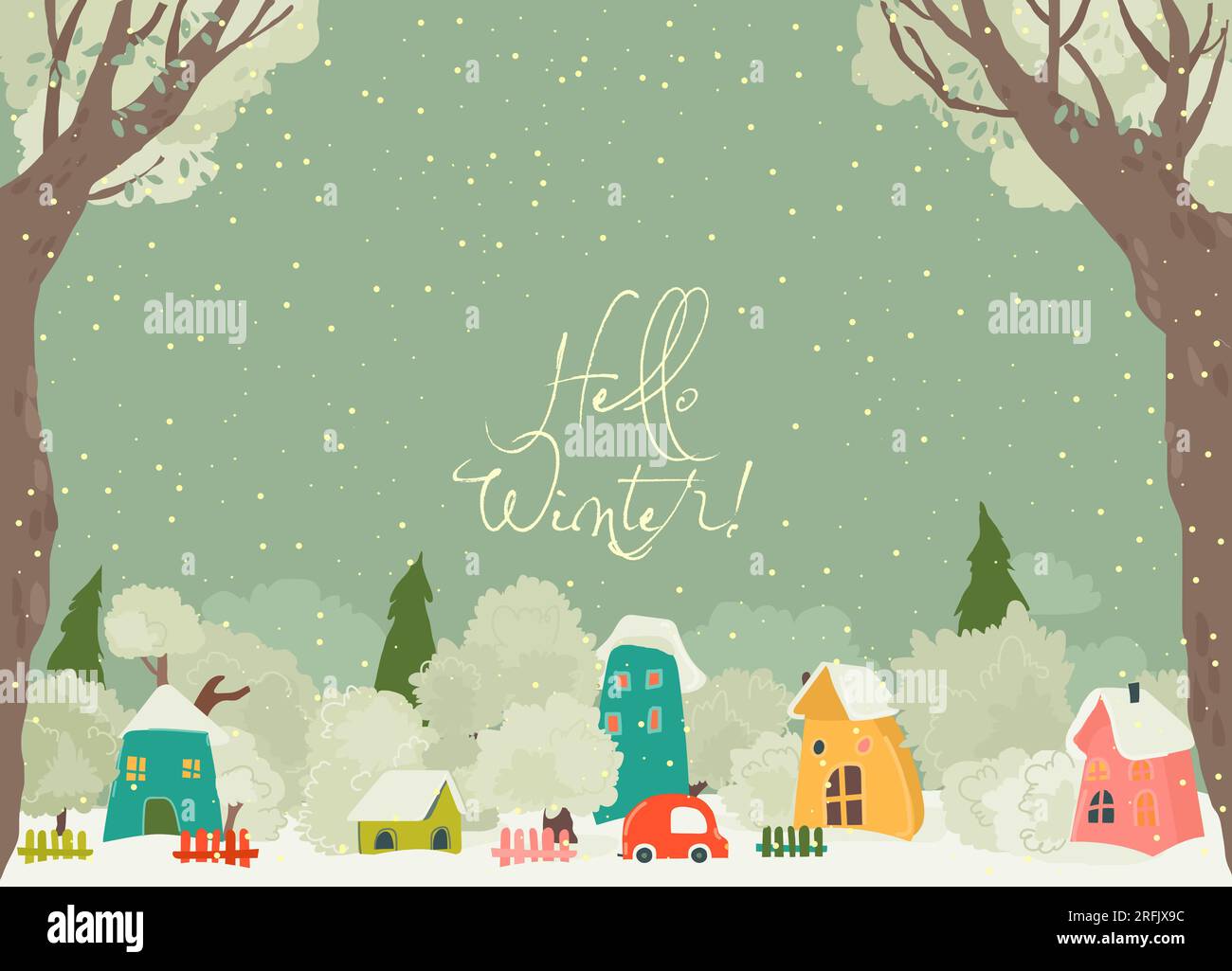 Cute Cartoon Colorful Houses with Winter Trees Stock Vector Image & Art ...