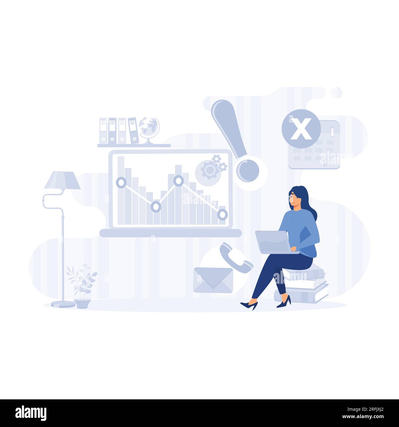 Tired and exasperated office, worker is grabbed his head among piles of ...