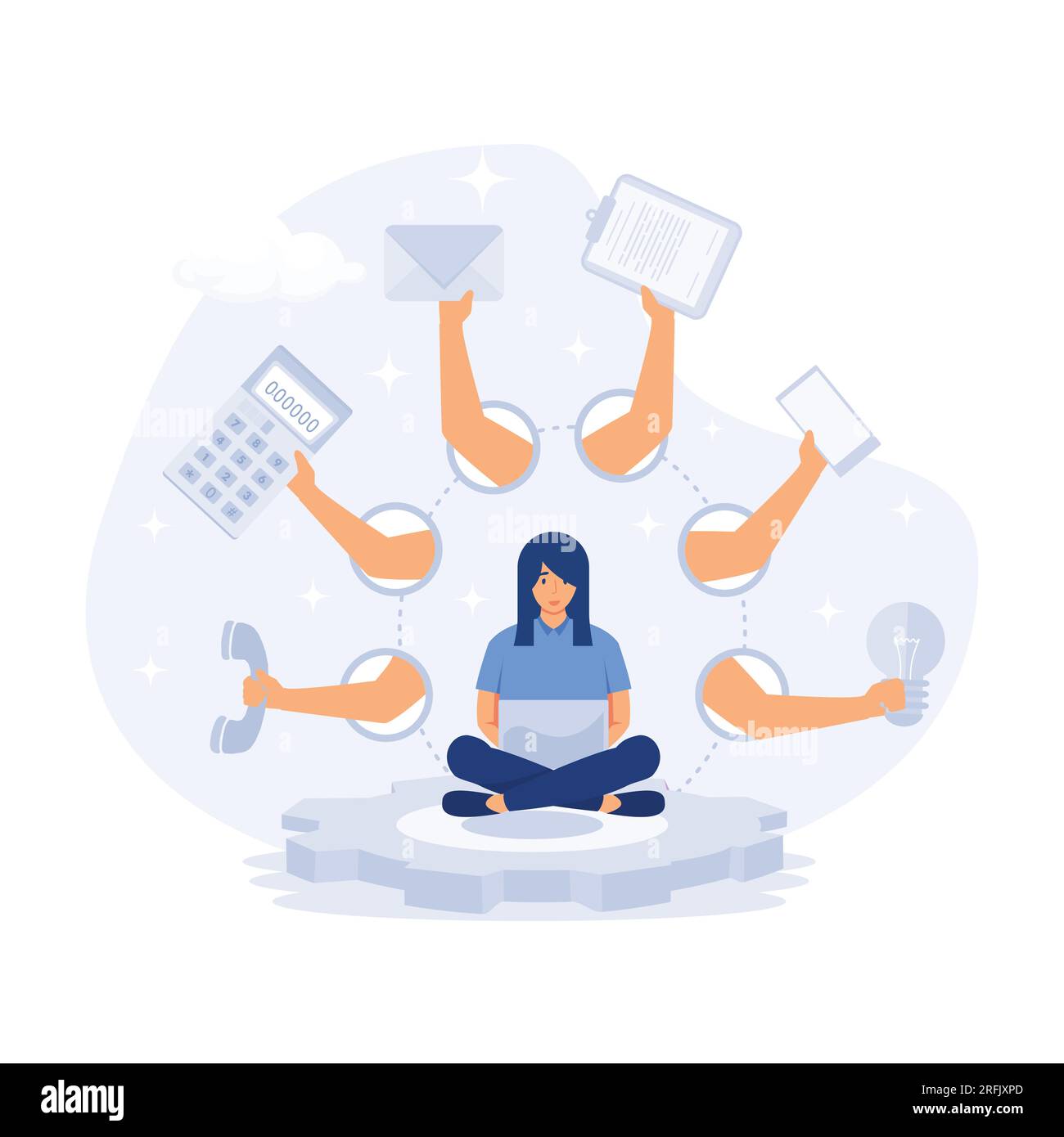 Girl with many arms sits, the Yoga lotus position, flat vector modern ...