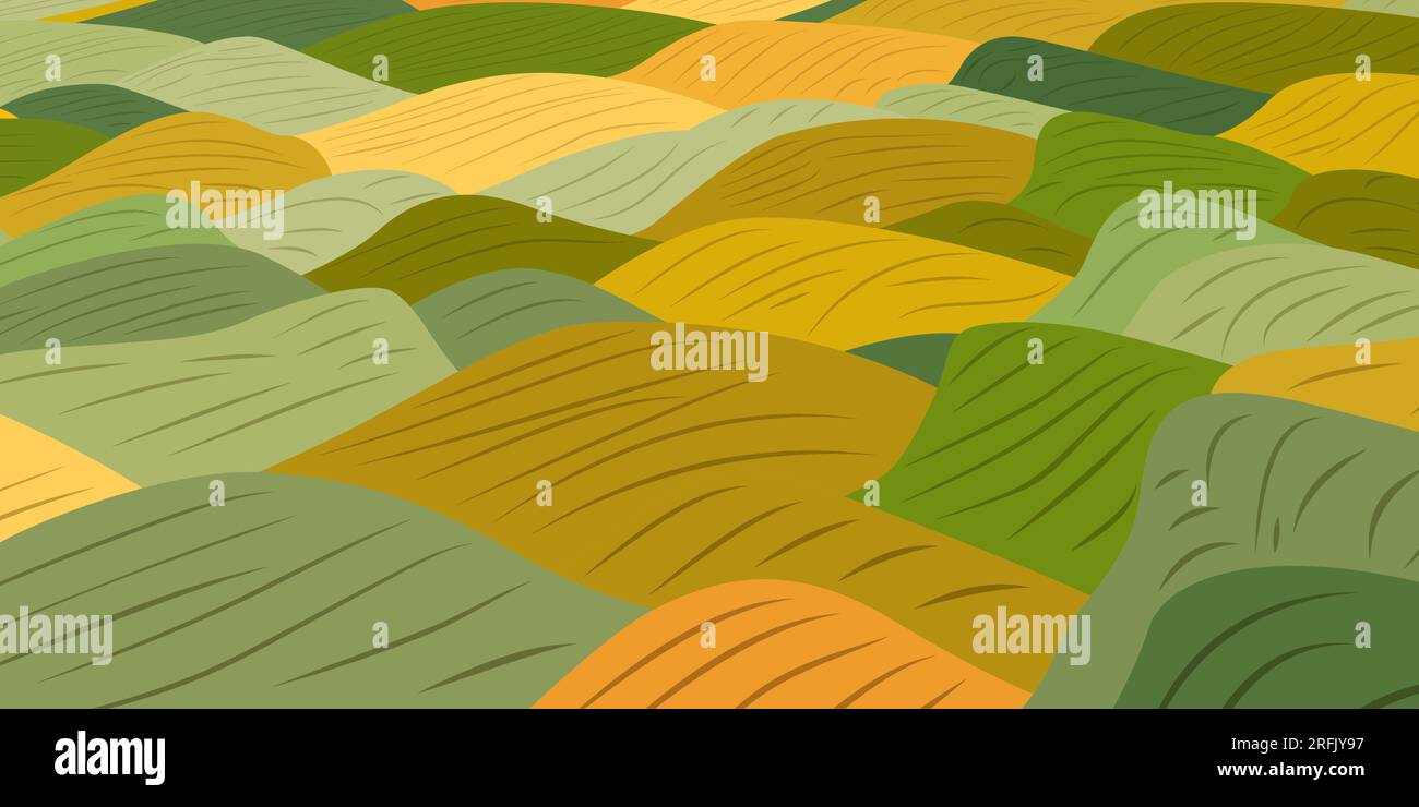 Bird eye perspective view of a hilly area with farm fields. Stylized ...