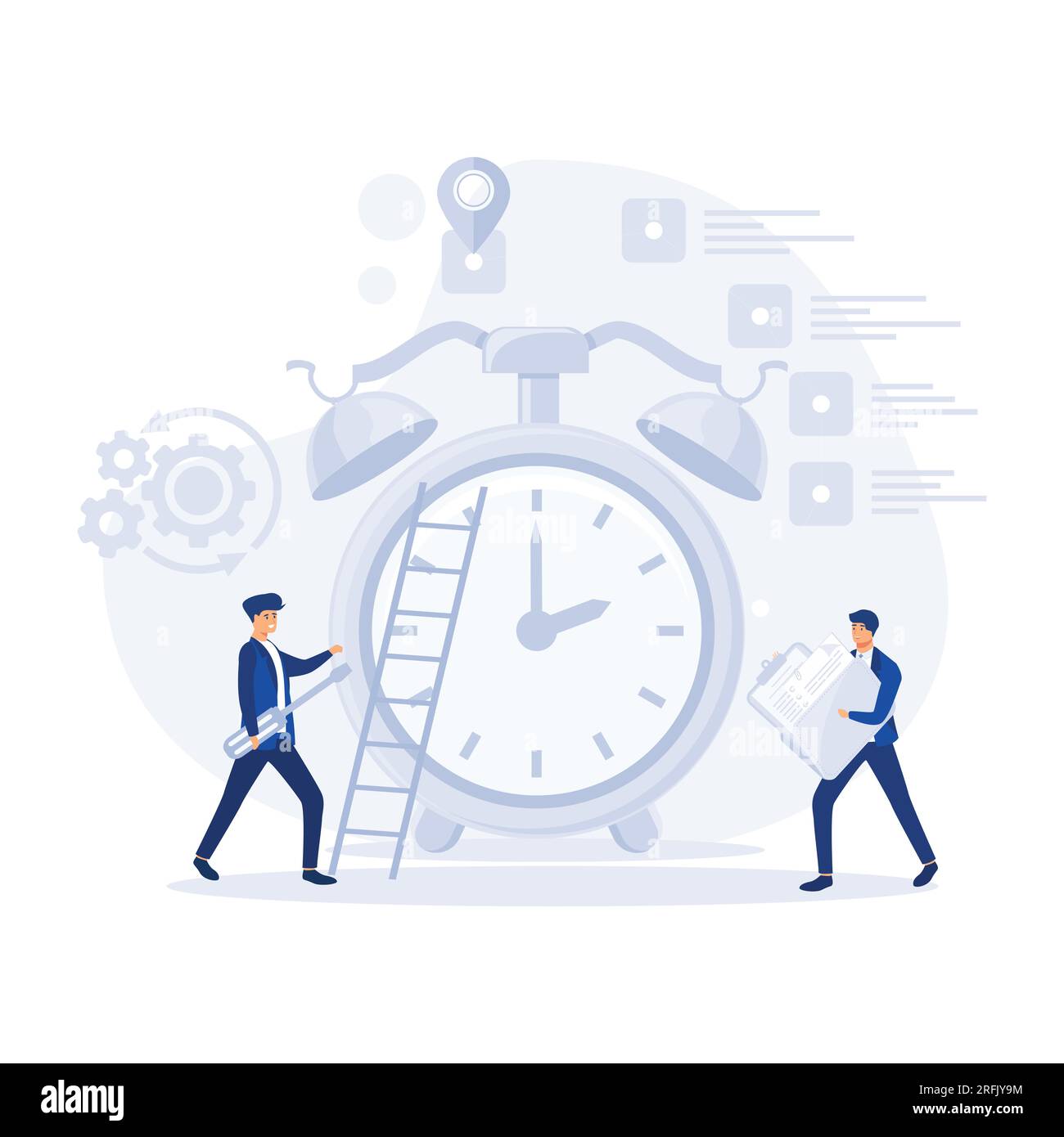 alarm clock rings on white background, concept of work time management ...